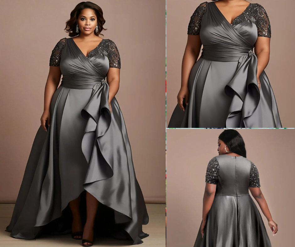 Plus Size Mother Of The Bride Grey Wrap, Neck Short Sleeve Drilling Asymmetric Hem Satin Maxi ...